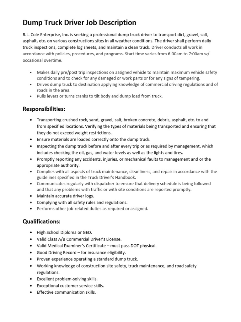 Dump Truck Driver Job Description - 1 | PDF