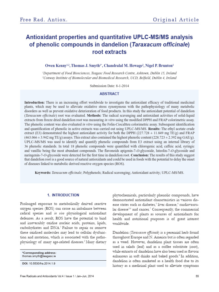 Antioxidant Properties and Quantitative UPLC-MS/MS Analysis of Phenolic Compounds in Dandelion ...