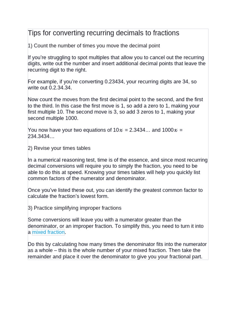 Tips For Converting Recurring Decimals To Fractions | PDF