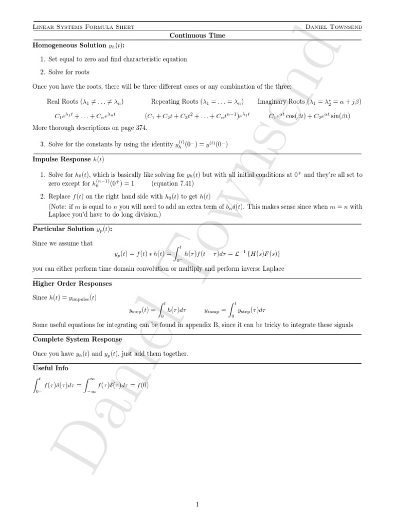 Linear Systems Final Exam Formula Sheet | PDF | System Of Linear ...