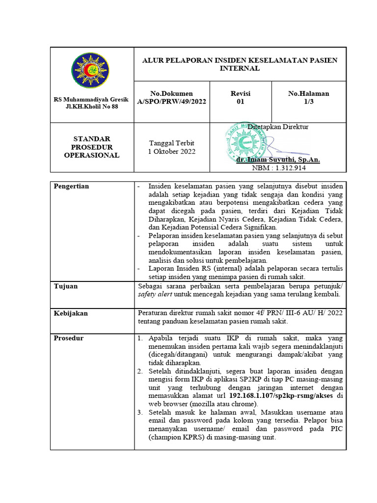 SPO Alur Pelaporan IKP Internal | PDF