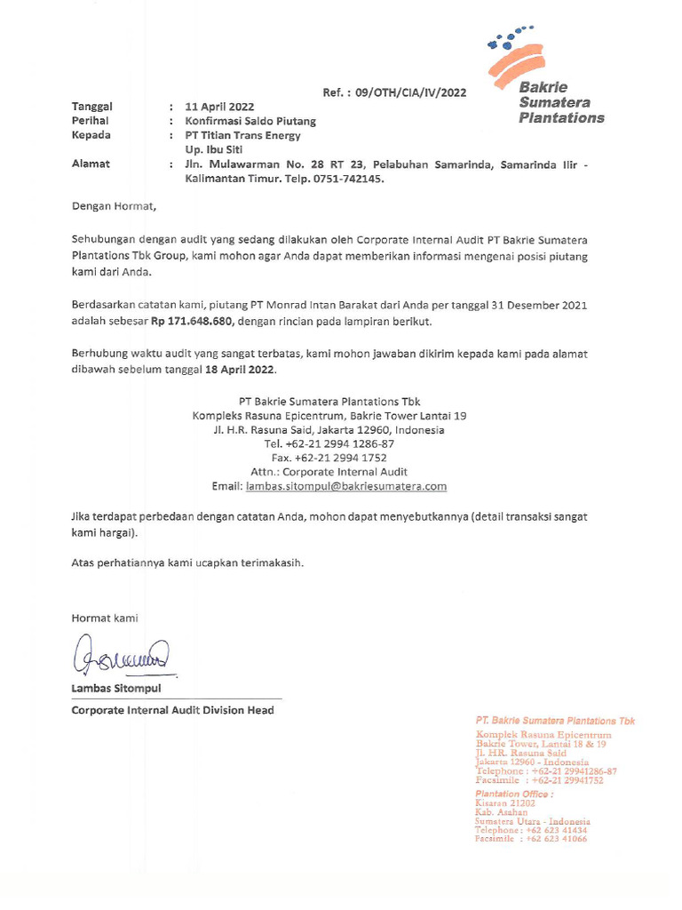 09-OTH-CIA-IV-2022-Konfirmasi Piutang PT MIB Ke PT Titian | PDF