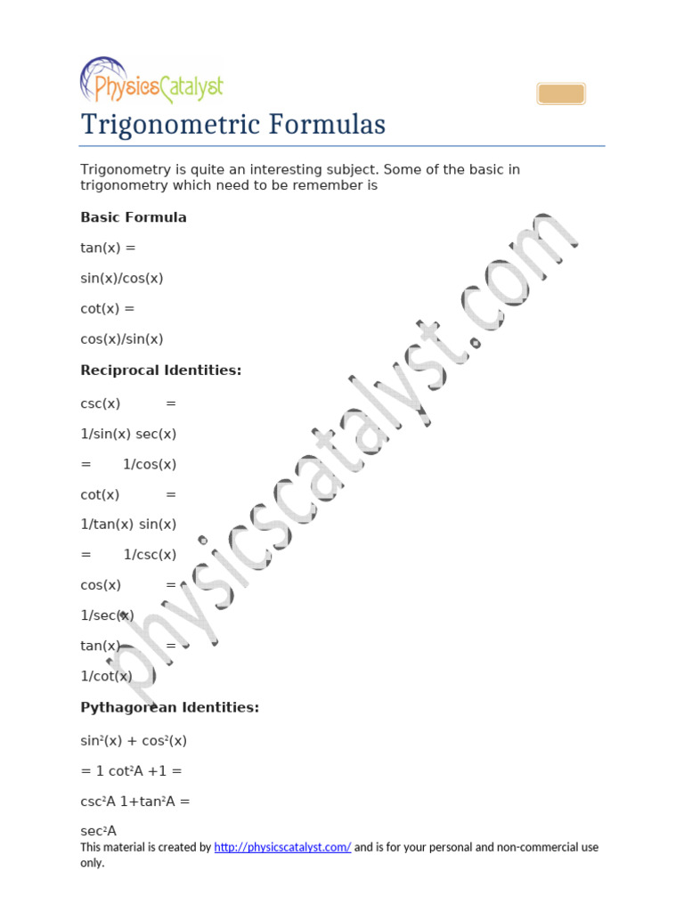 Trigonometry Formulas | PDF