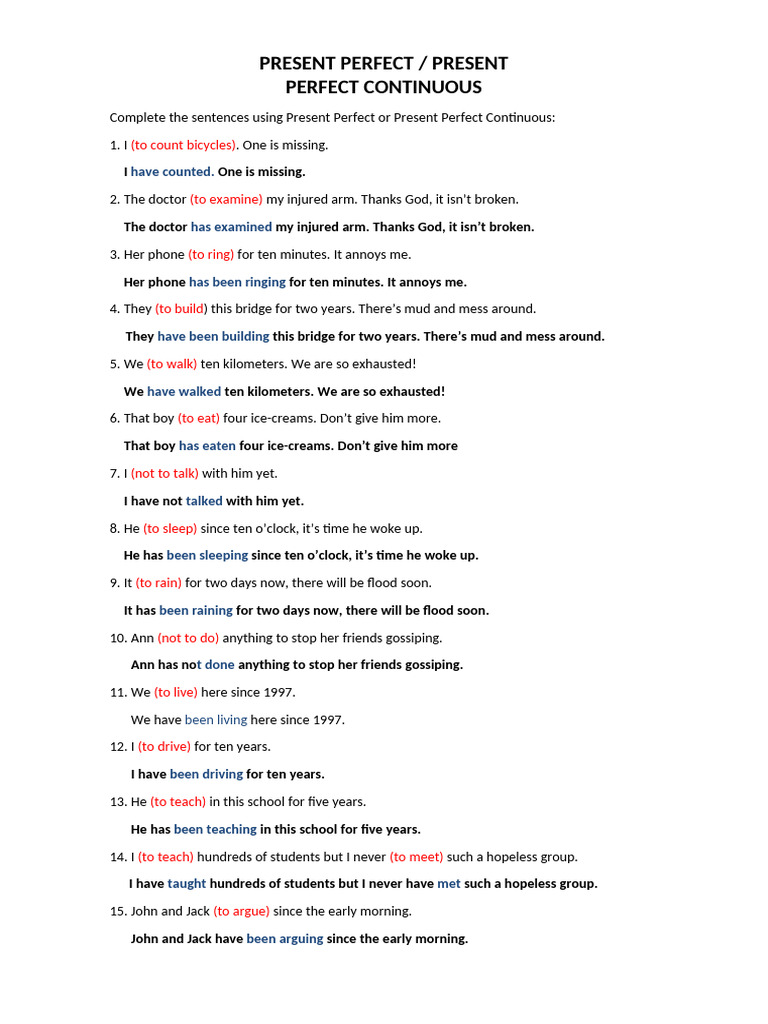 Present Perfect Continous Exercises | PDF