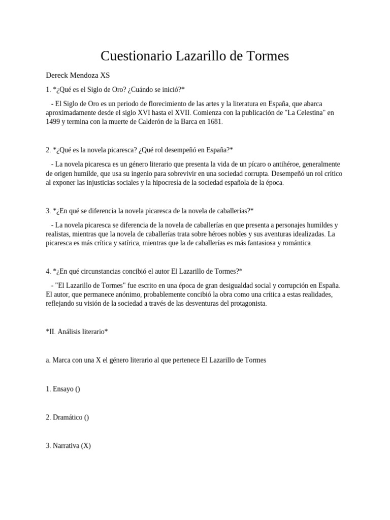 Cuestionario Lazarillo de Tormes | PDF