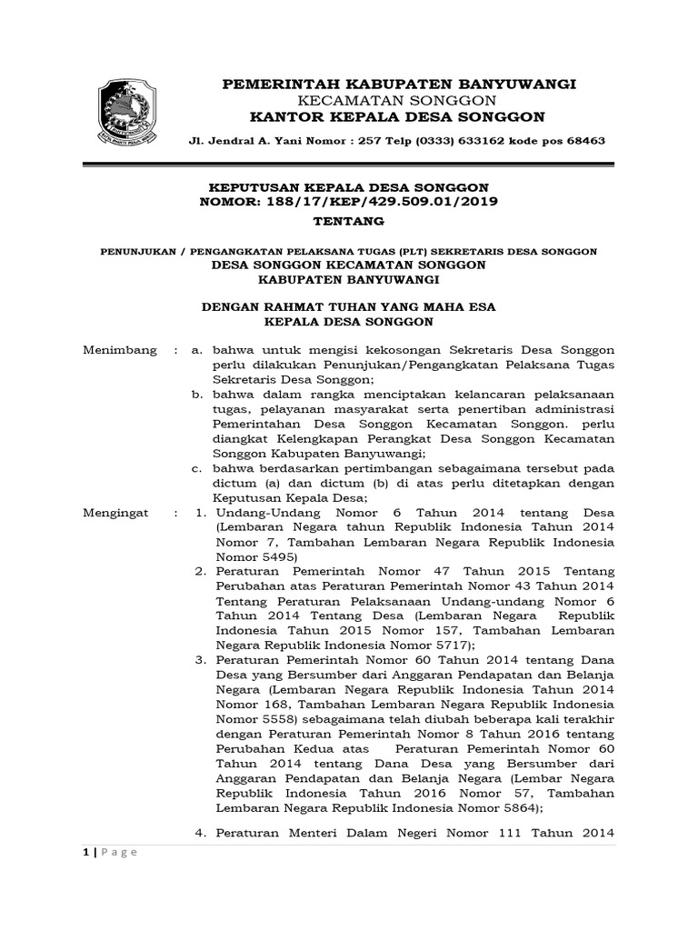 SK PLT Sekretaris Desa 2019 | PDF