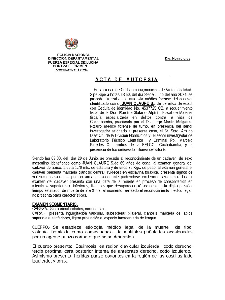Informe de Autopsia de Juan Claure S. | PDF | Autopsia