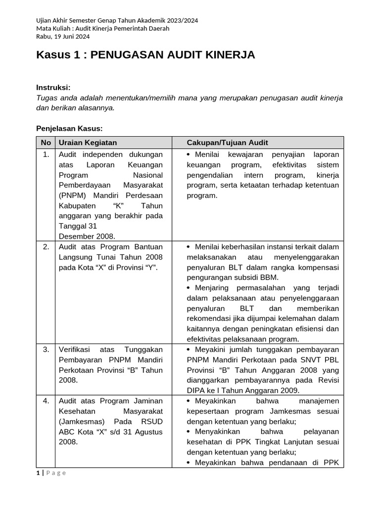 UAS Audit Kinerja Pemerintah Daerah 20240618 | PDF