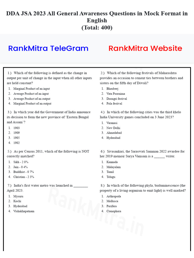 Dda Jsa 2023 General Awareness in Mock Format in English | PDF