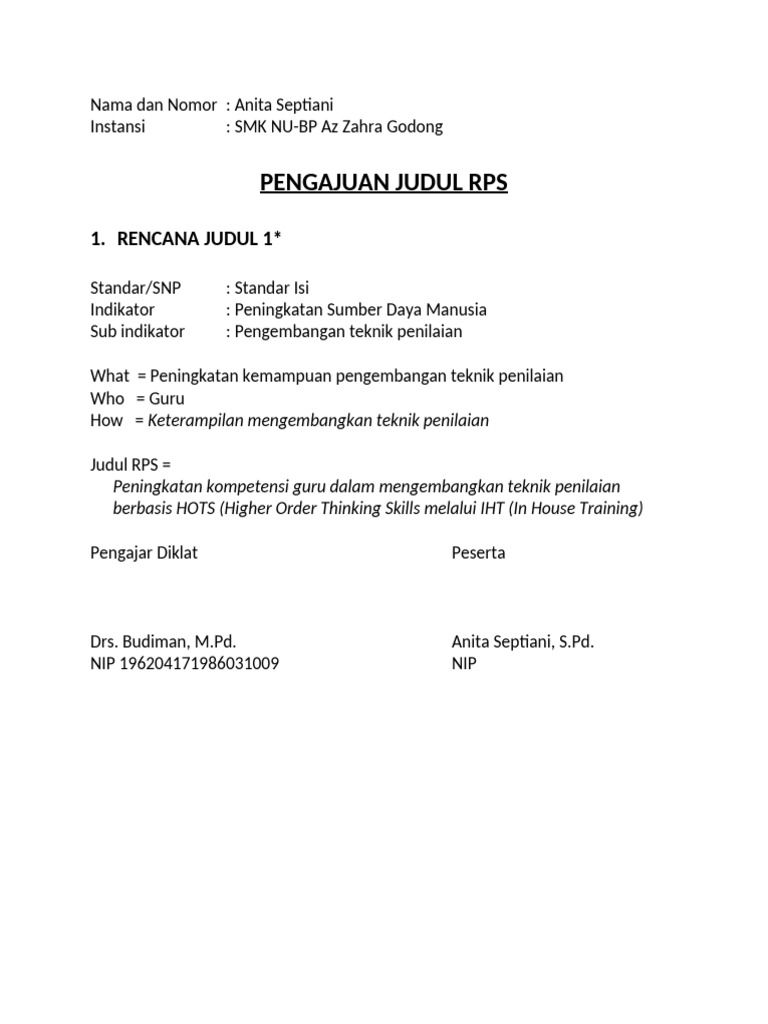 Lk Pengajuan Judul Rps Smk Nu-bp Az Zahra Godong | PDF
