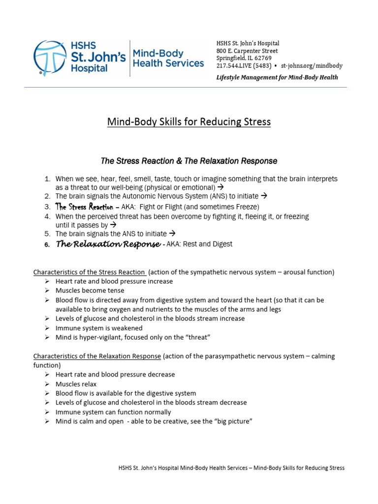 Mind-Body Skills For Reducing Stress - Handout | PDF