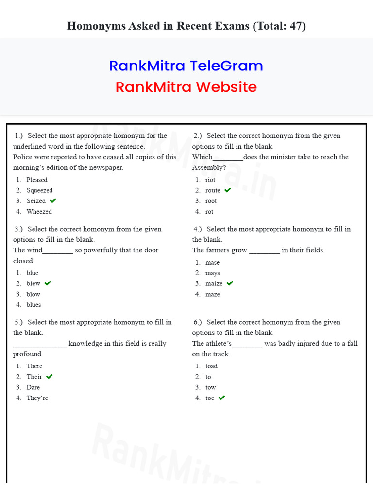 Homonyms Asked in Recent Exams | PDF