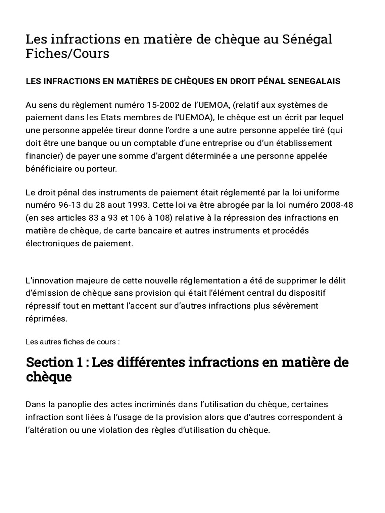 Les Infractions en Matière de Chèque Au Sénégal Fiches - Cours | PDF