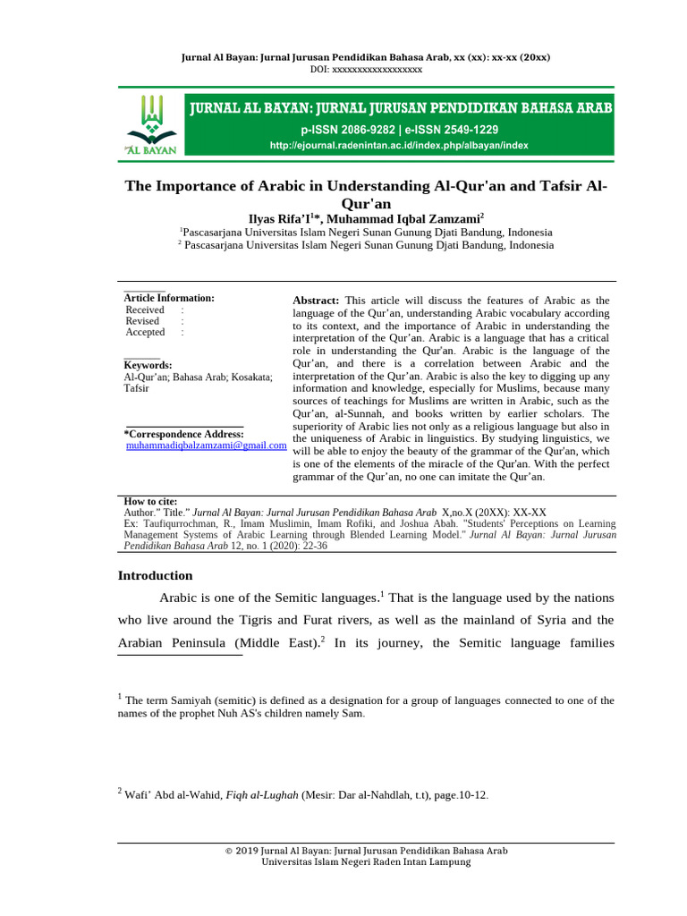 Template Jurnal Al-Bayan Sinta 2 Pentingnya Bahasa Arab Dalam Memahami ...