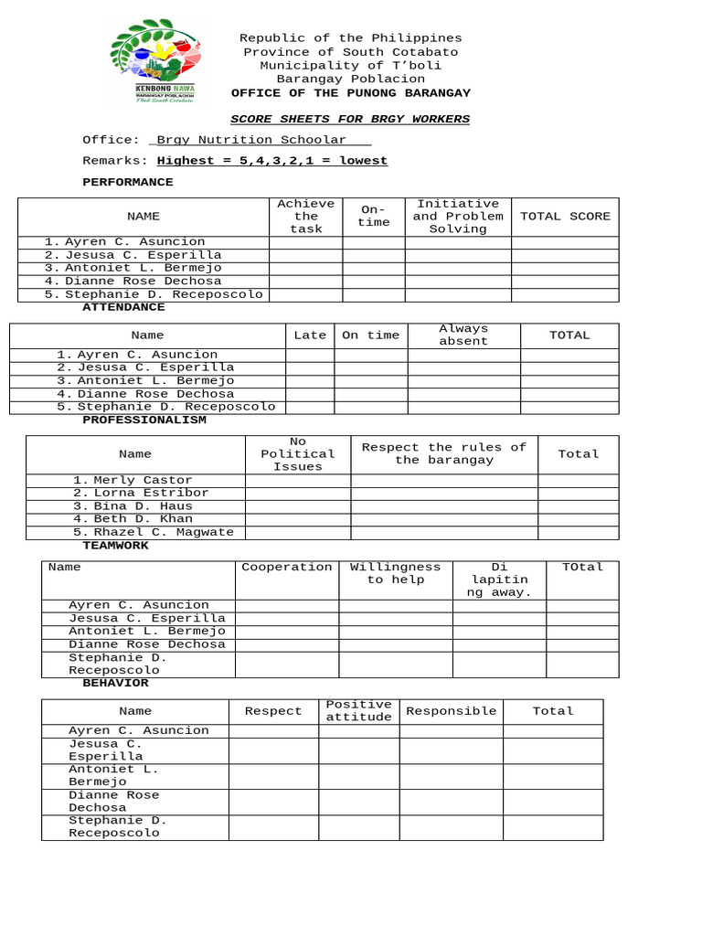Score Sheets For BNS | PDF
