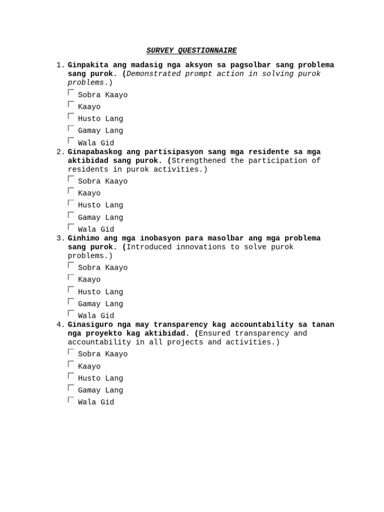 SURVEY QUESTIONNAIRE Purok Leader | PDF