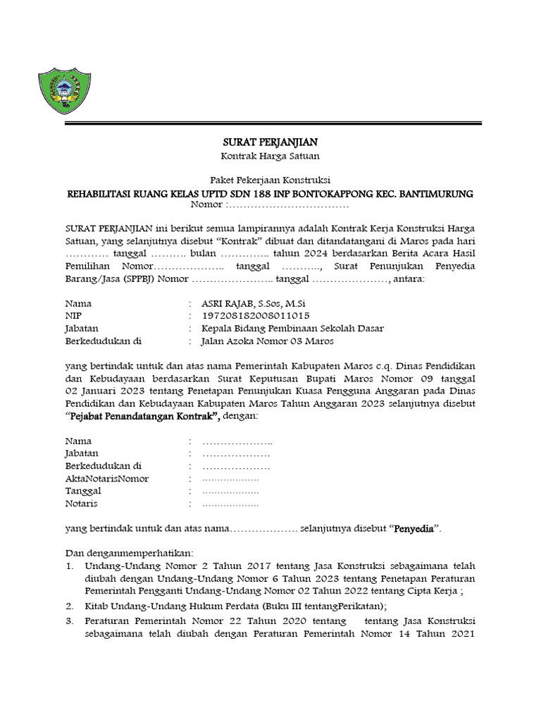 Draft Kontrak SD 188 Bontokappong Rev.1 | PDF