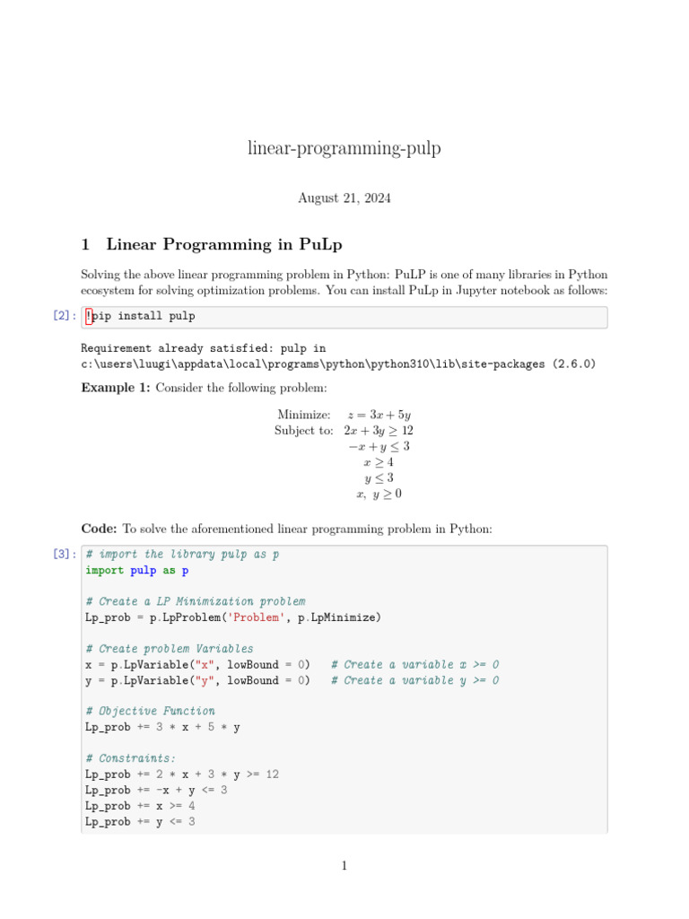 1 Linear Programming in Pulp | PDF