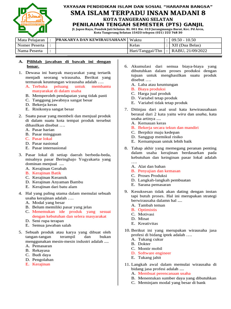 SOAL PTS Ganjil 2022 - PKWU XII | PDF