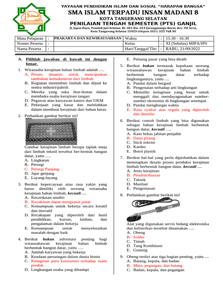 SOAL PTS Ganjil 2022 - PKWU XI | PDF