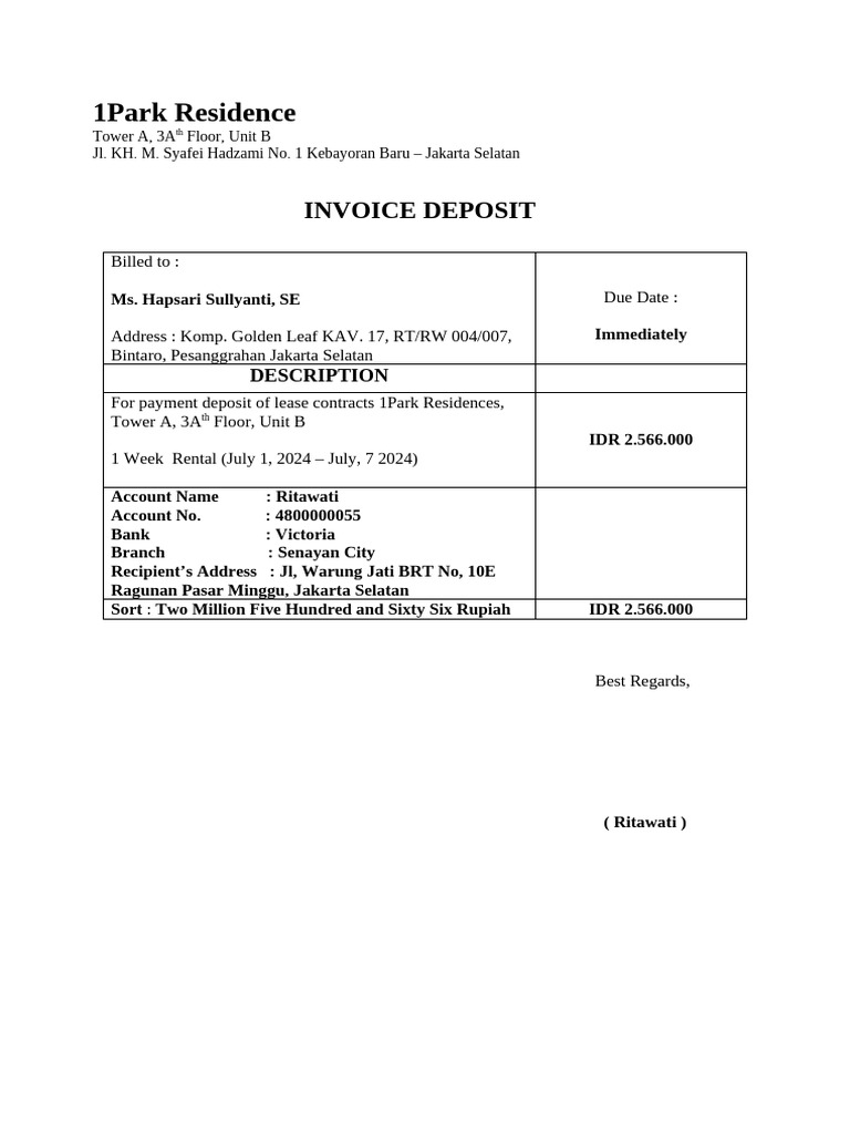 Invoice Deposit Perpanjangan Sewa - A3AB | PDF