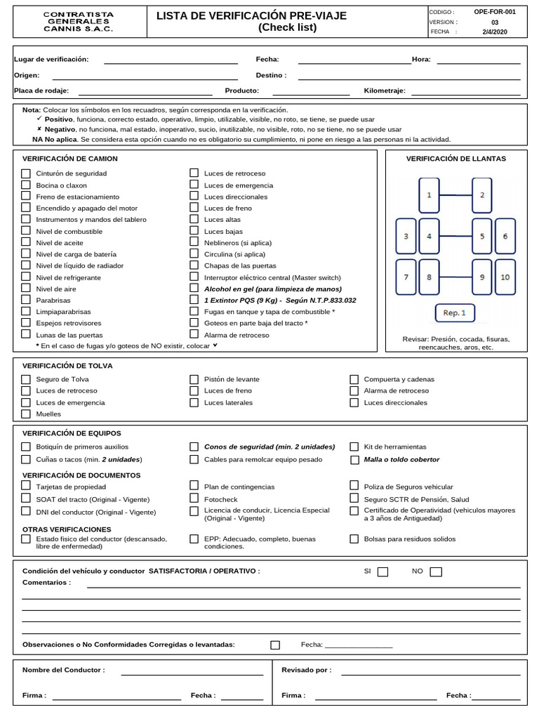 OPE-FOR-001 Inspección de Pre Viaje - Check List V02 | PDF