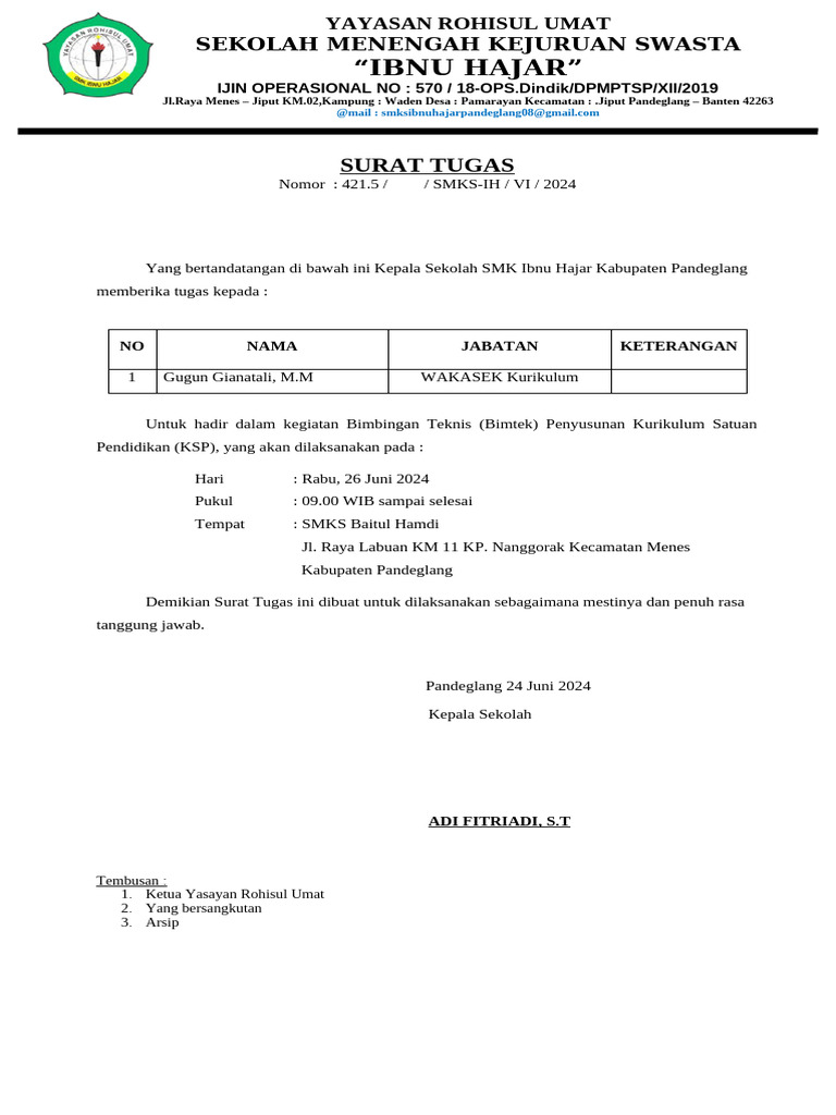 Surat Tugas Bimtek KSP | PDF