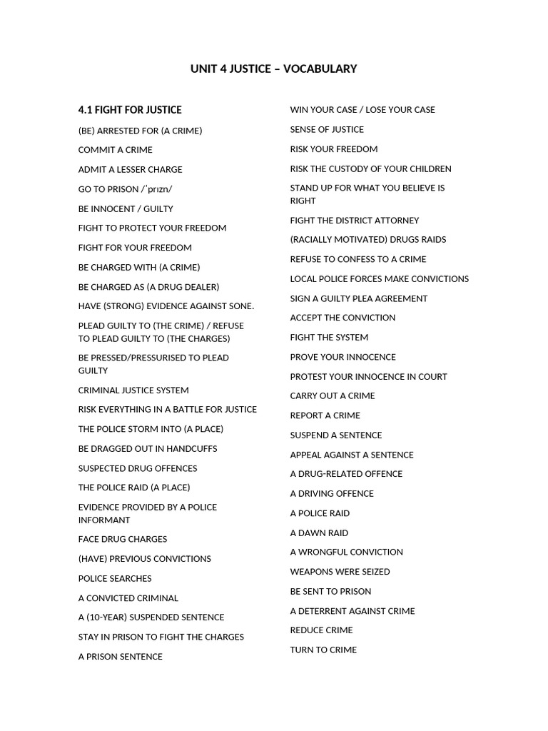 Unit 4 Justice Vocabulary List | PDF