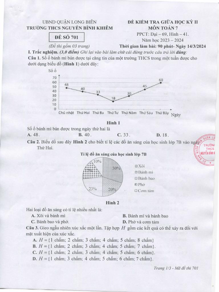 De Giua Hoc Ky 2 Toan 7 Nam 2023 2024 Truong Thcs Nguyen Binh Khiem Ha Noi | PDF