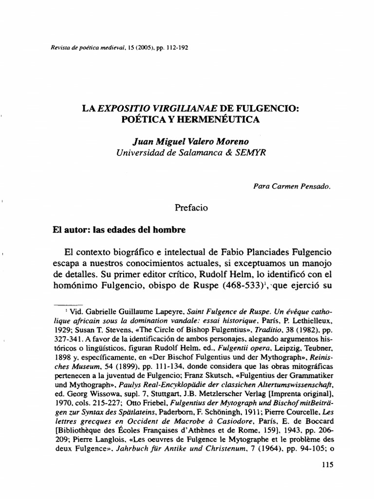 La Expositio Virgilianae de Fulgencio. Poética y Hermenéutica | PDF