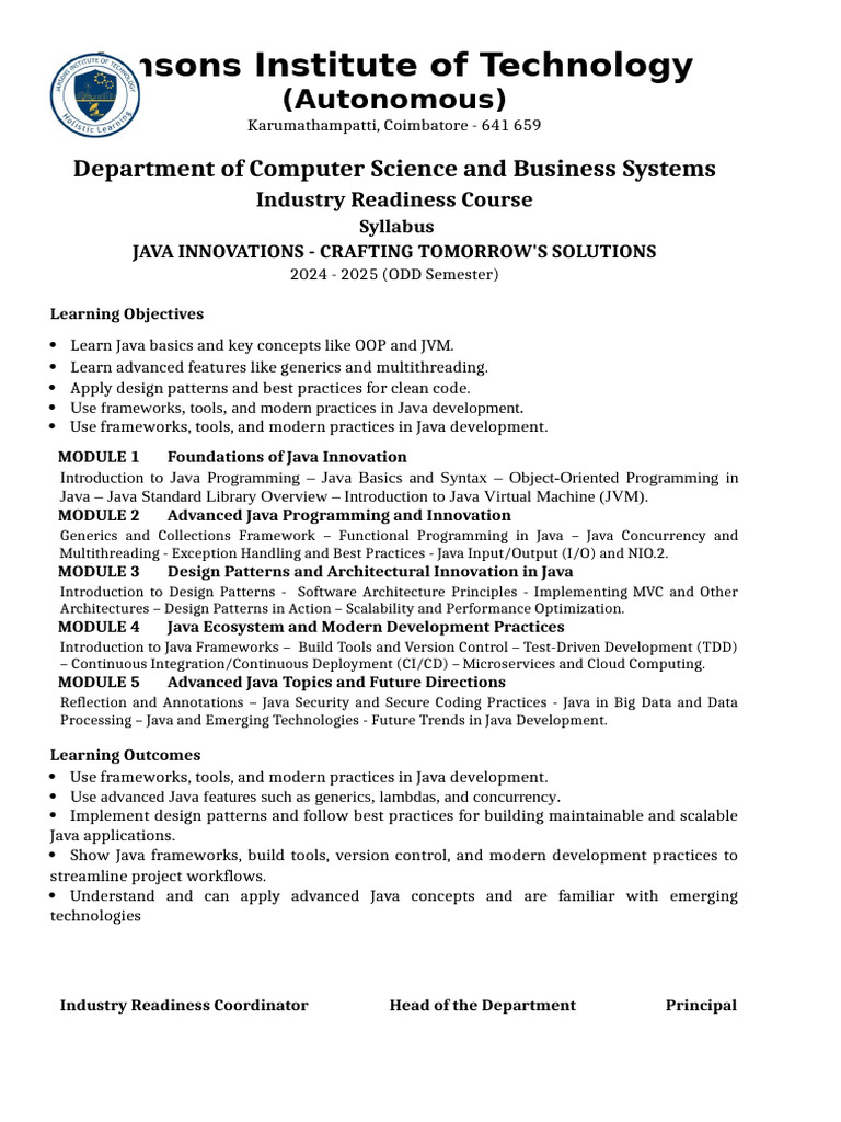 Irc Syllabus 2024 2025 Ii Csbs Odd Revised Pdf Java Programming Language