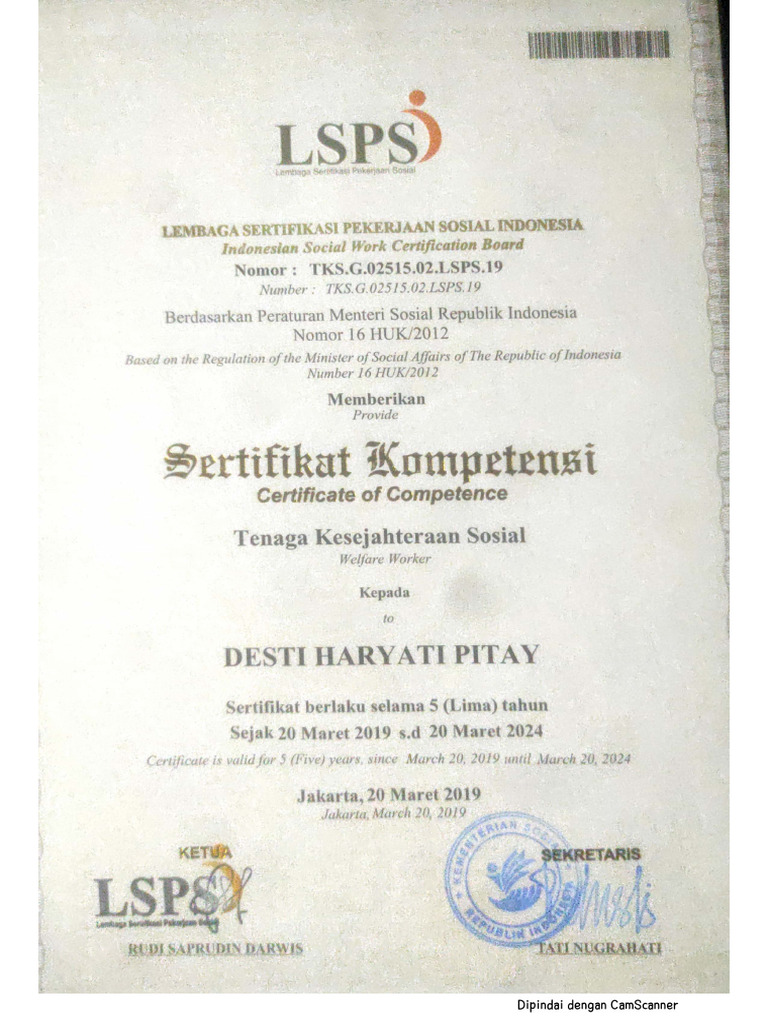Desti Haryati Pitay Sertifikat Peksos | PDF