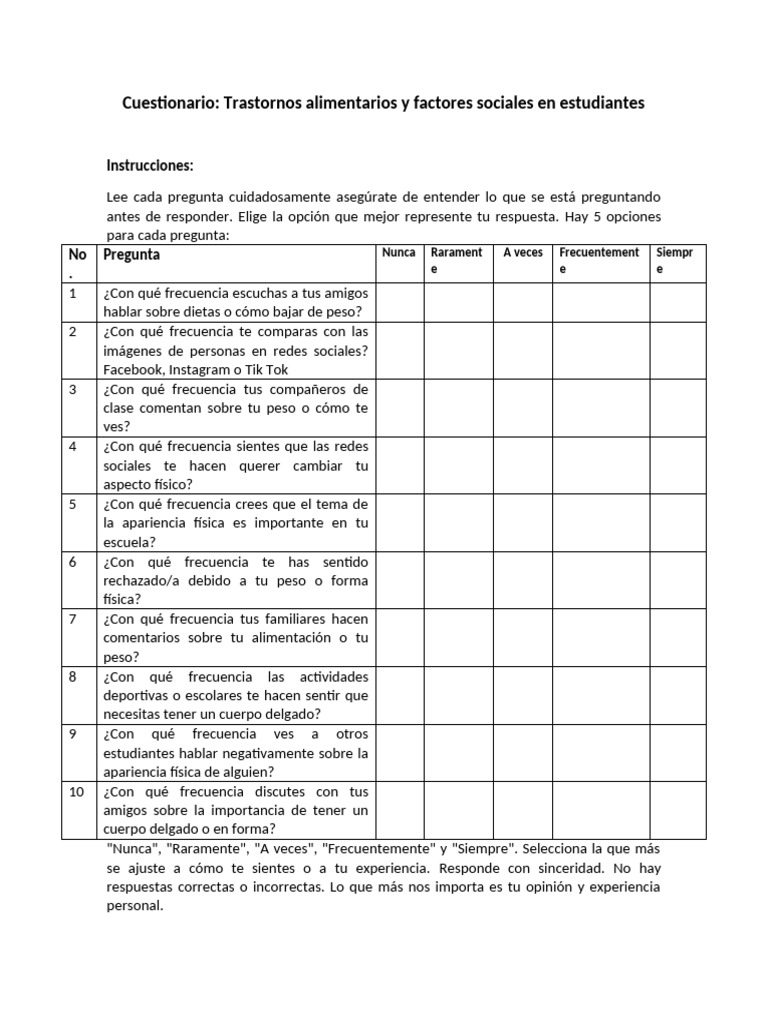 Cuestionario TCA y Factores Sociales | PDF
