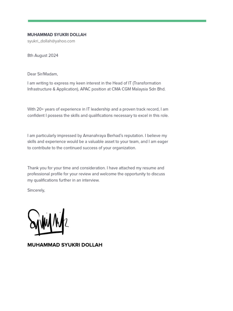 Cover Letter CMA CGM Malaysia SDN BHD | PDF