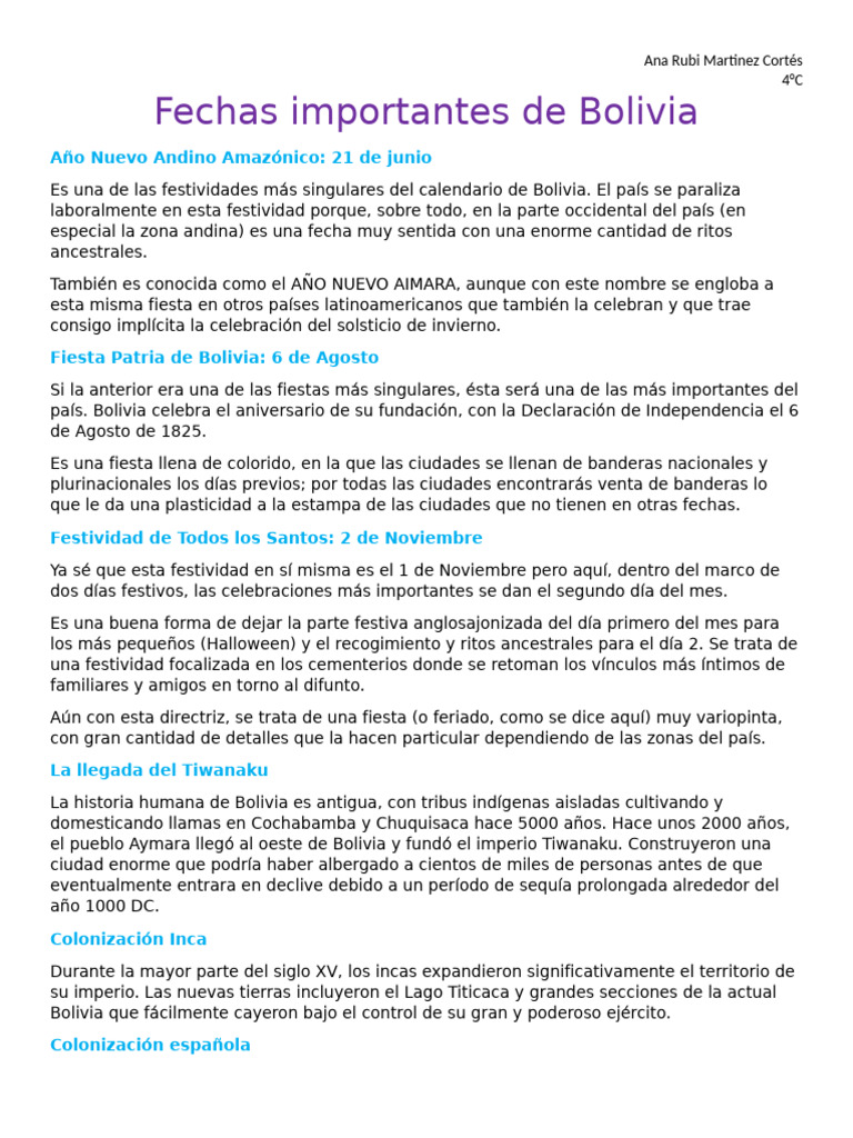 Fechas Importantes de Bolivia | PDF