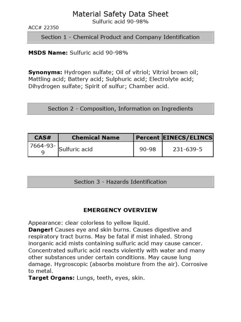 MSDS Sulphuric Acid | PDF