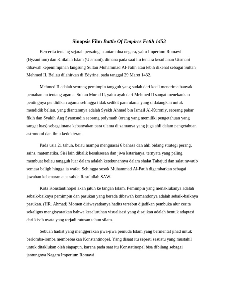 Sinopsis Film Battle of Empires Fetih 1453 | PDF