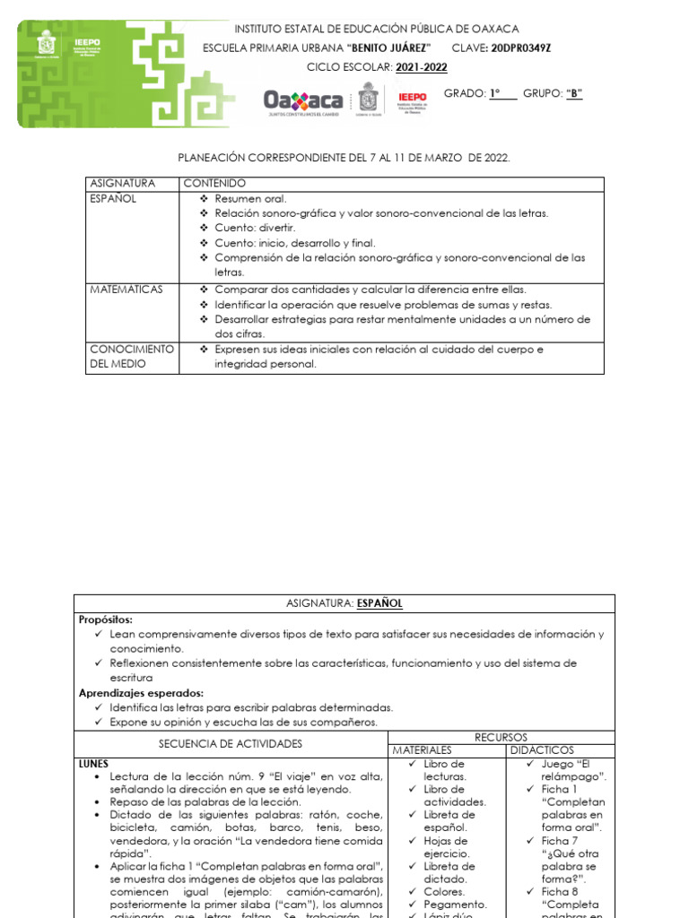 Planeación Del 7 Al 11 de Marzo 2022. | PDF | Artes del Lenguaje y ...