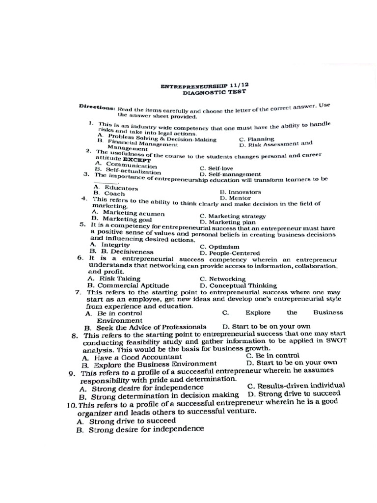 Entrepreneurship Diagnostic Test | PDF