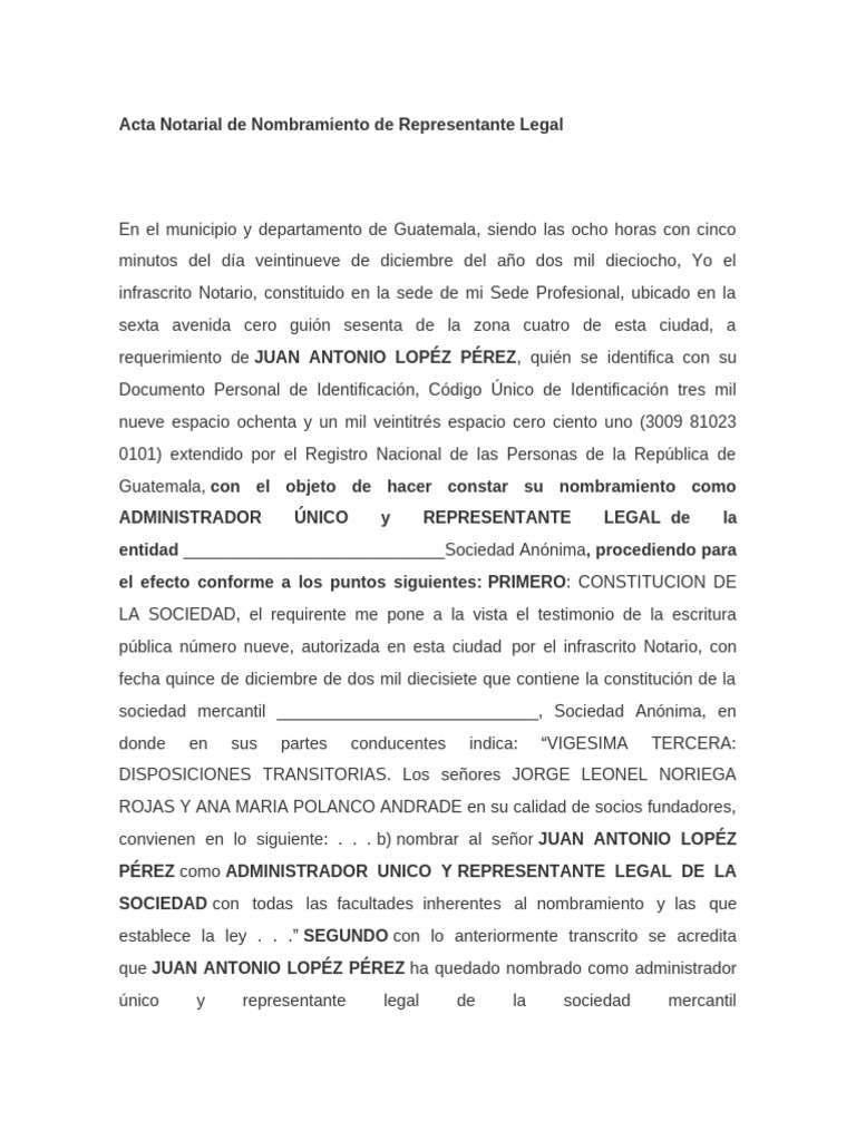 Acta Notarial de Representante Legal | PDF