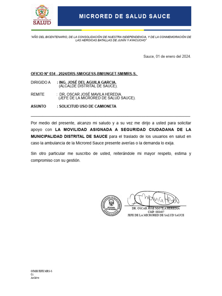 Oficio 034 - Solicitud Camioneta | PDF