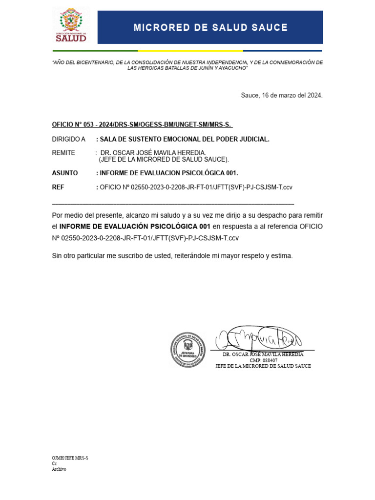 OFICIO 053 - Informe Psicologico 001 | PDF