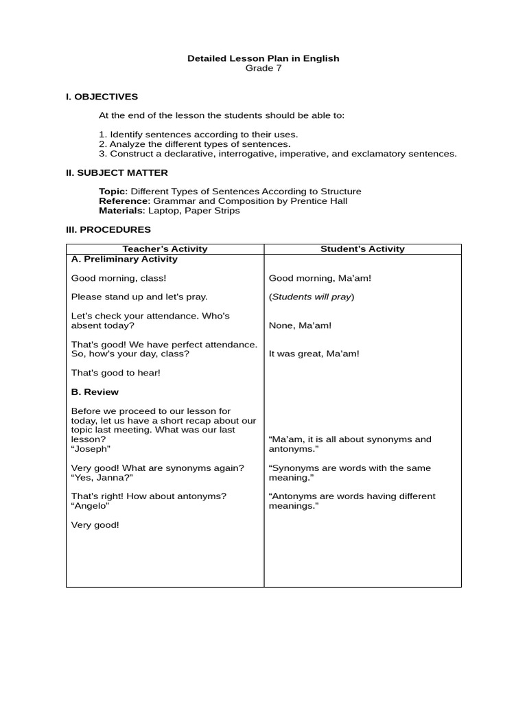 Detailed Lesson Plan in English 7 | PDF