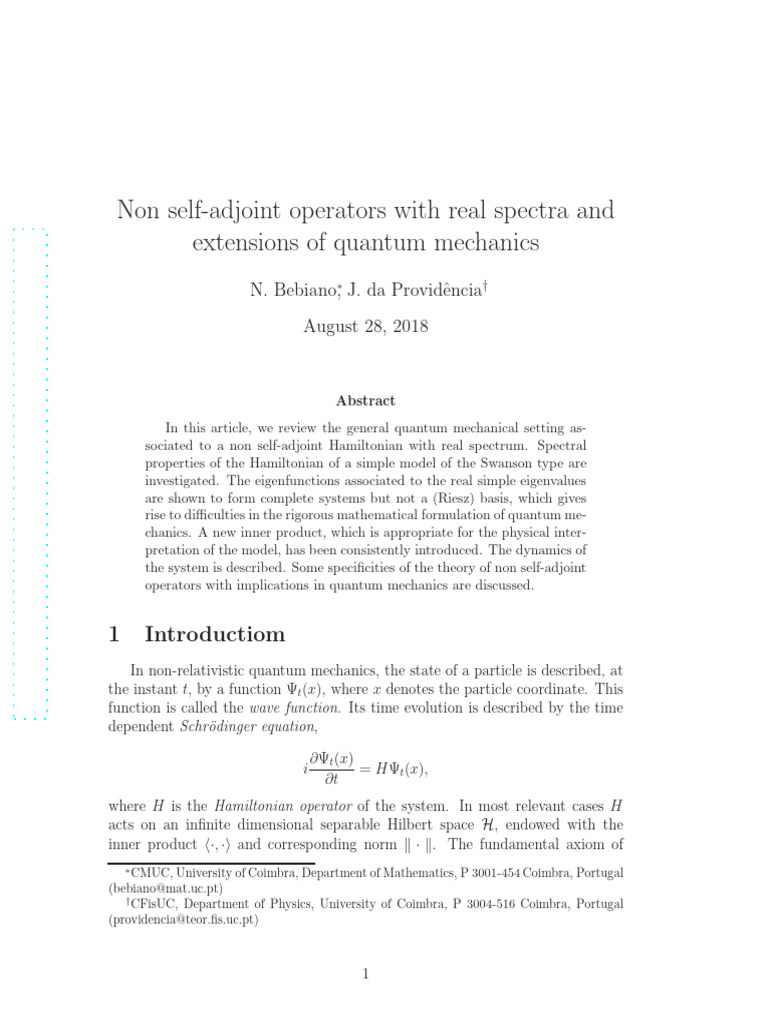Non Self-Adjoint Operators With Real Spectra and Extensions of Quantum Mechanics | PDF