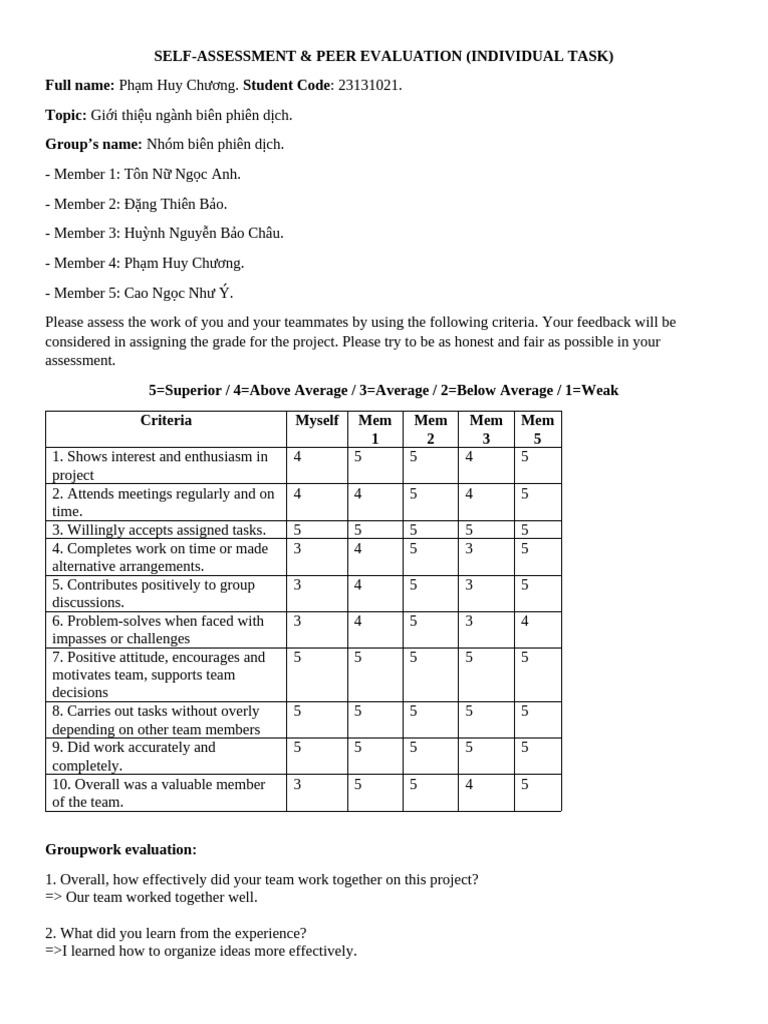 Self-Assessment Peer Evaluation (Individual Task) | PDF