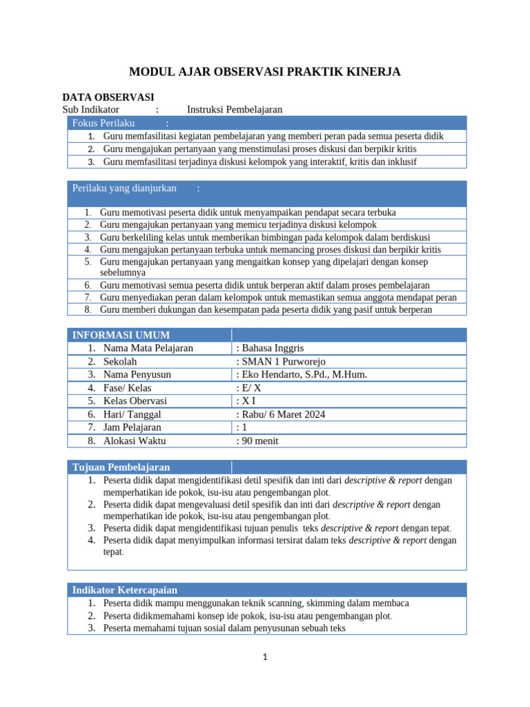 Modul Ajar Observasi Praktik Kinerja | PDF