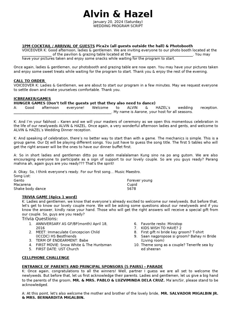 Alvin & Hazel Wedding Script | PDF