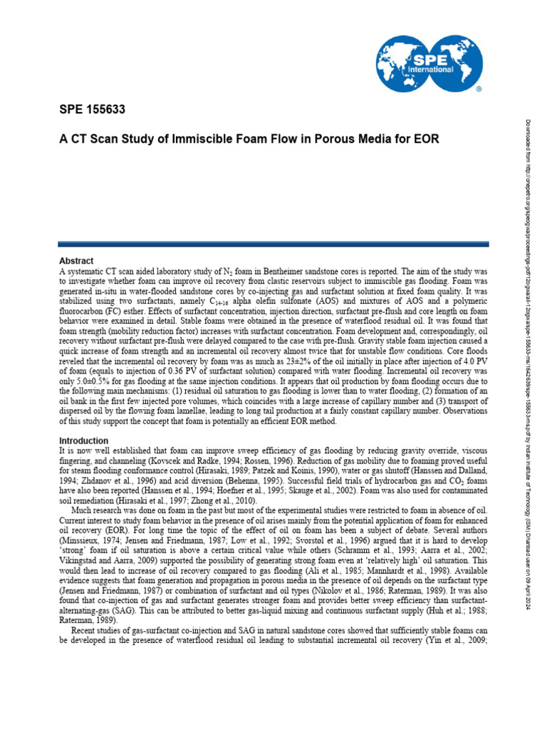 A CT Scan Study of Immiscible Foam Flow in Porous Media For EOR | PDF | Foam | Ct Scan