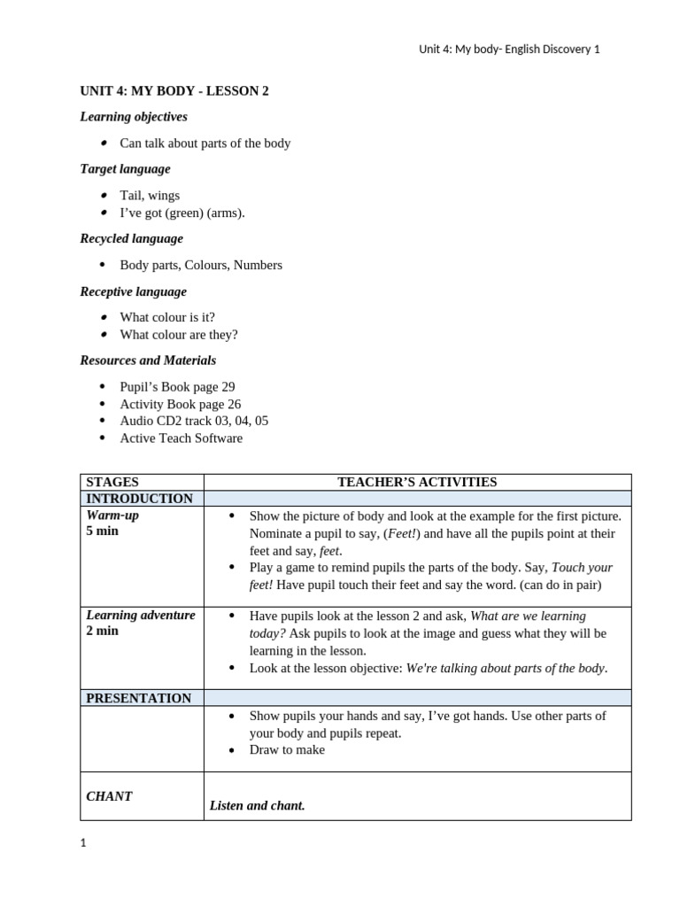 Sample Lesson Plan - Unit 4. My Body - ED 1 - Plans | PDF