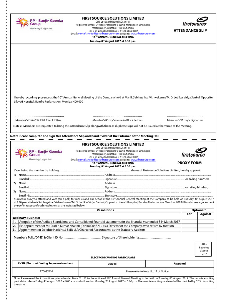 Attendance Slip FY 2016 17 | PDF | Corporations | Meetings